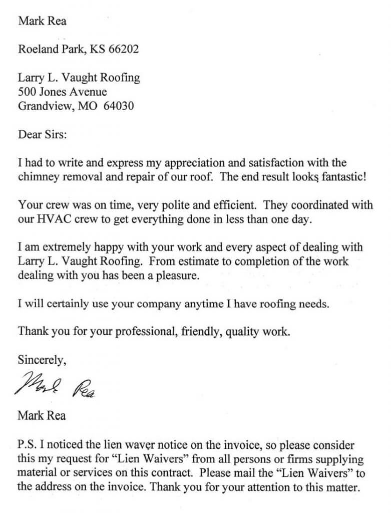 Roofing Company Testimonials | Larry Vaught Roofing | Kansas City, MO
